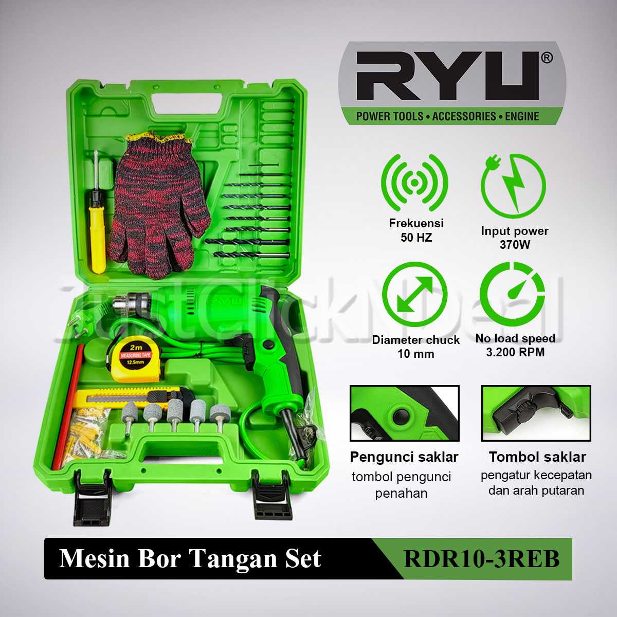Jual Ryu Mesin Bor Tangan Listrik Variable 10 mm Koper Set Drill