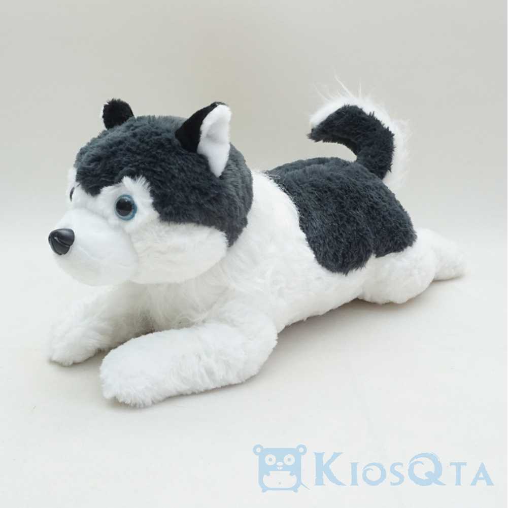 Jual boneka anjing husky abu abu tua putih tiarap cute lying dog