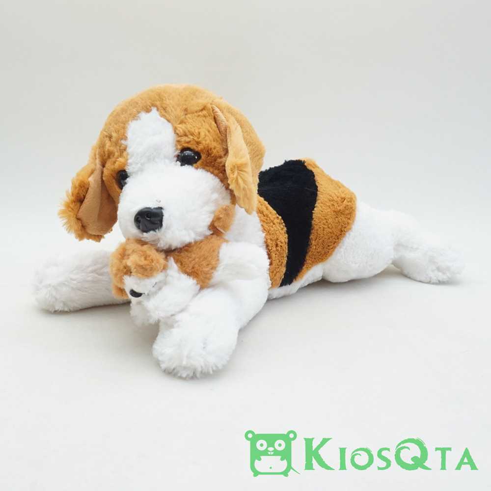 Jual boneka anjing beagle tiarap coklat hitam putih bawa anak