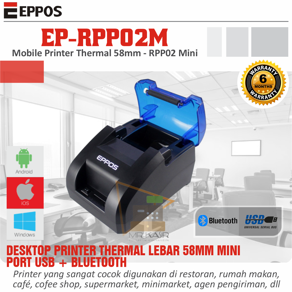 Jual PRINTER THERMAL EP-RPP02 MINI 58MM USB BLUETOOTH ANDROID IOS