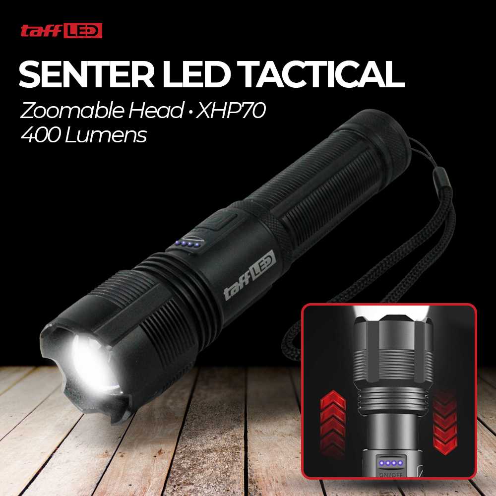 Jual TaffLED Senter LED Tactical Flashlight Zoomable Head XHP70