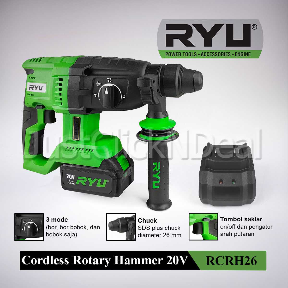 Jual RYU Cordless Rotary Hammer 26 mm Paket Mesin Bobok Beton
