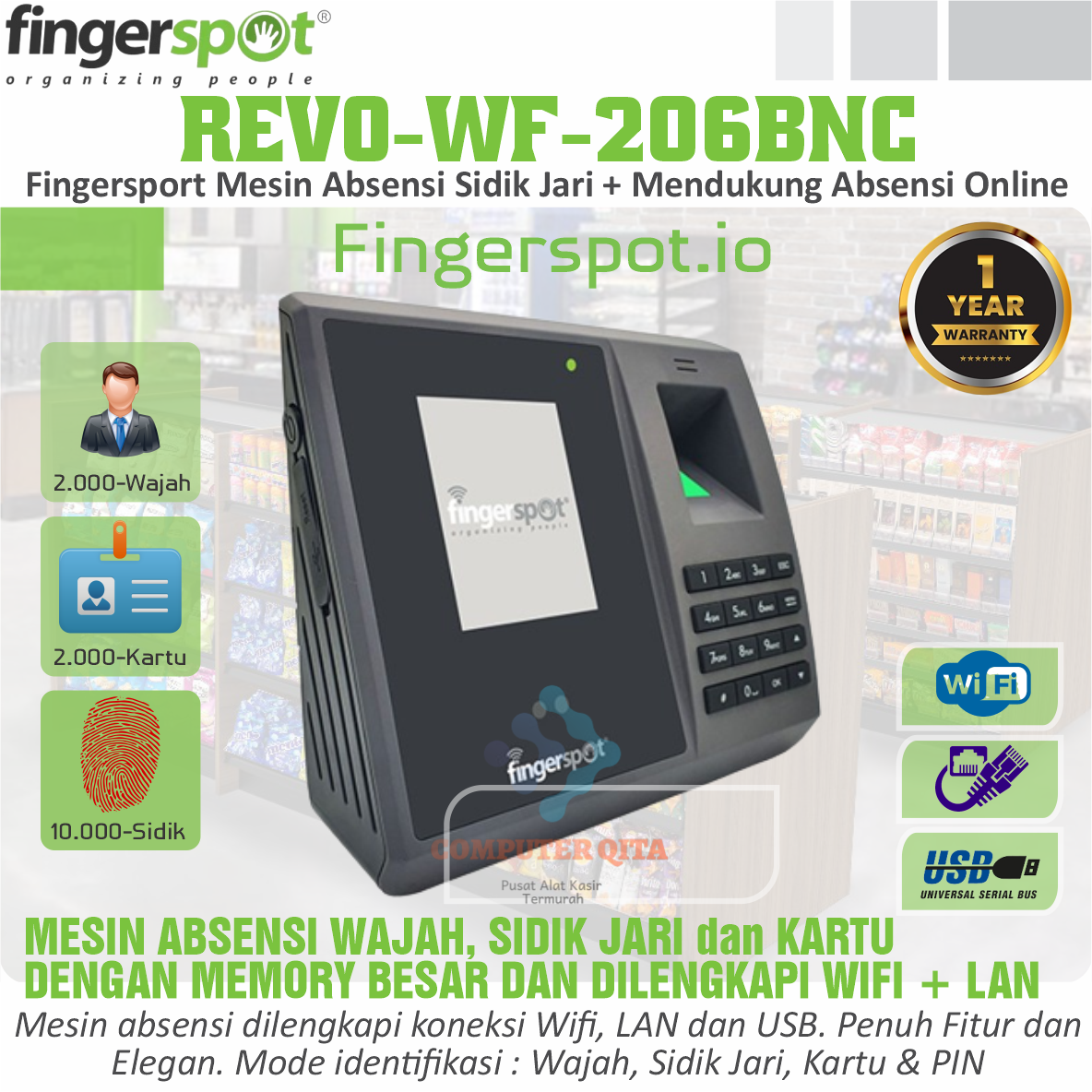 Jual FINGERSPOT MESIN ABSENSI DETEKSI WAJAH REVO WF-260BNC WIFI