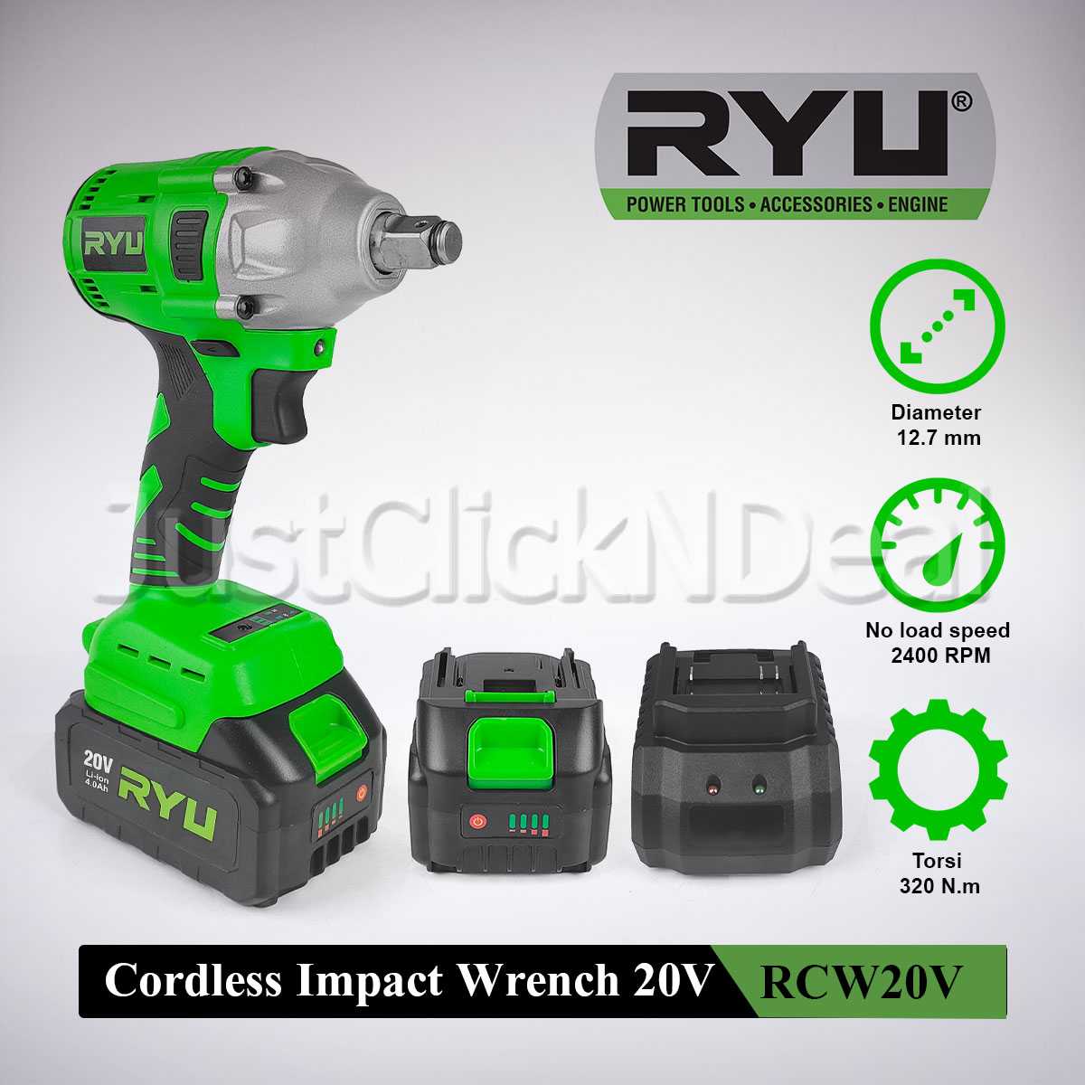 Jual RYU Impact Wrench Cordless 20V Paket Mesin Buka Baut Sock