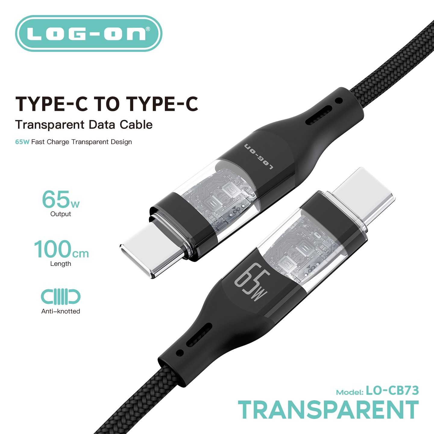 Jual LOG ON KABEL C TO C 65W TRANSPARENT LO-CB73 FAST CHARGING