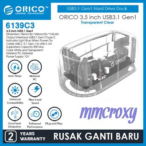 Jual Orico 6139C3 HDD Docking 3.5" Type C 3.1 Gen 2 Transparent