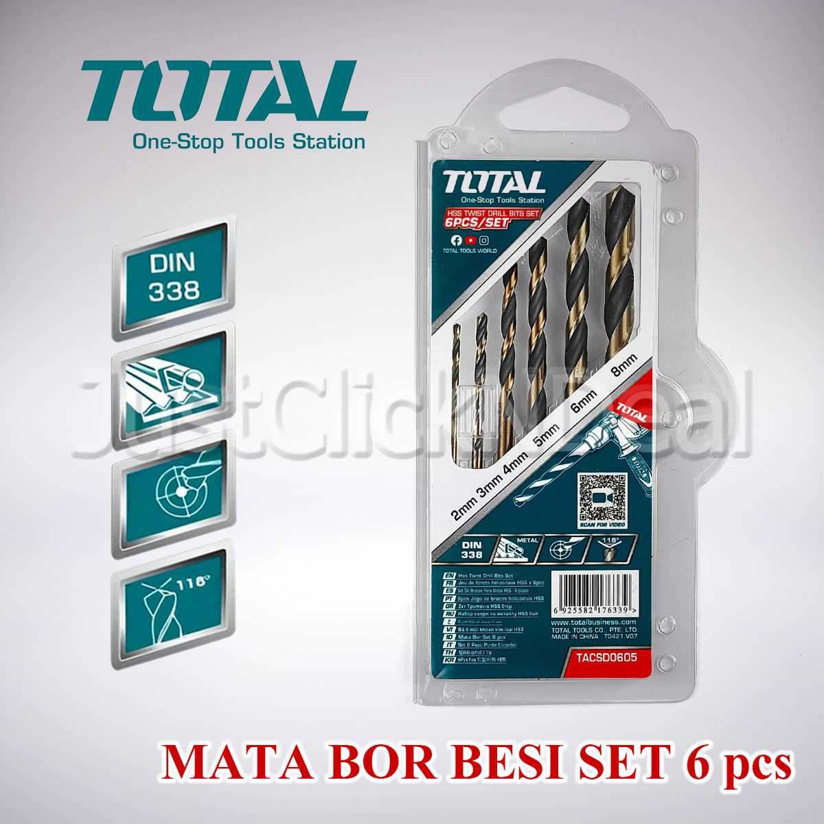Jual TOTAL Mata Bor Besi Set 6 pcs 2 - 8 mm HSS Twist Drill Bits