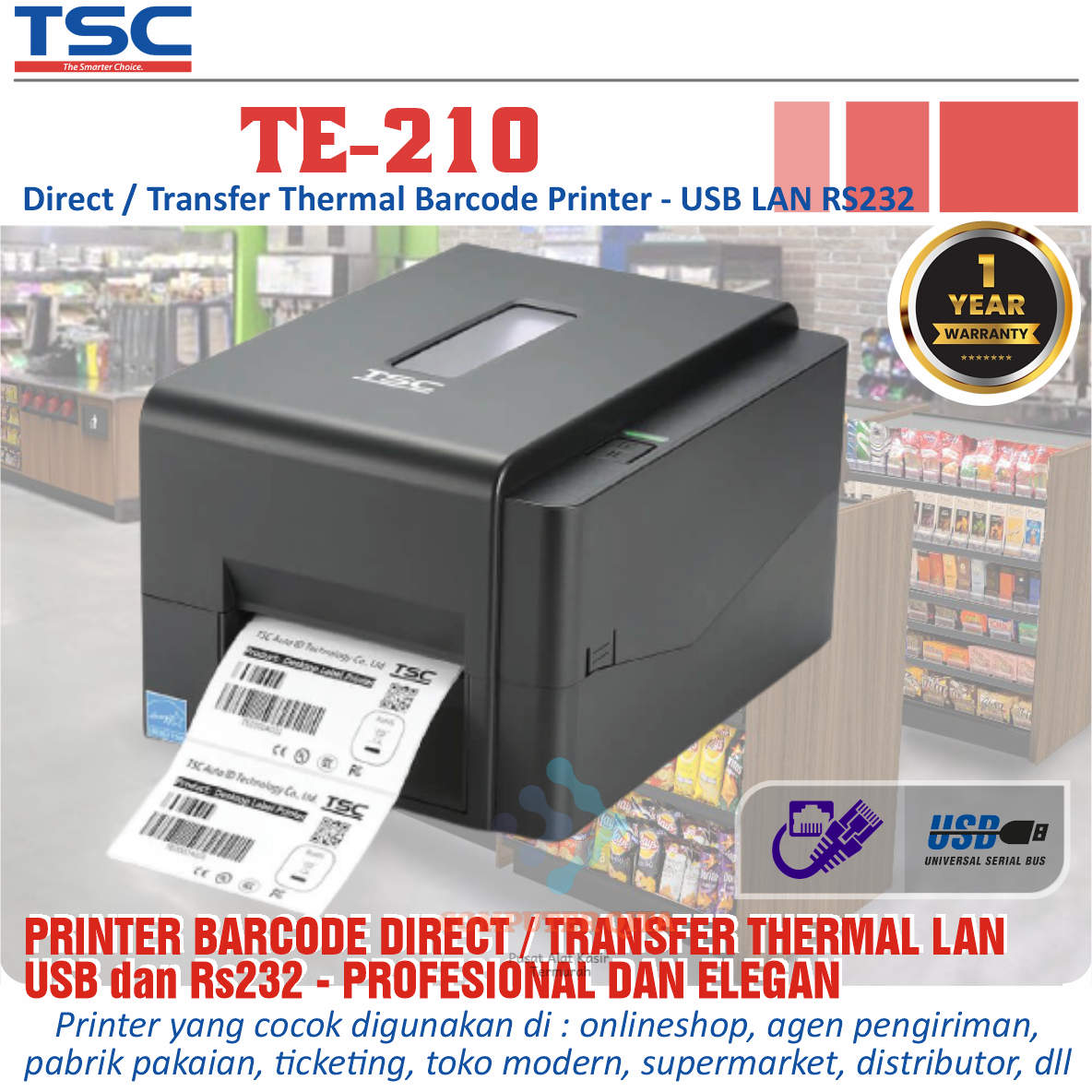 Jual Printer Barcode Label Sticker TSC TE210 TE-210 LAN USB