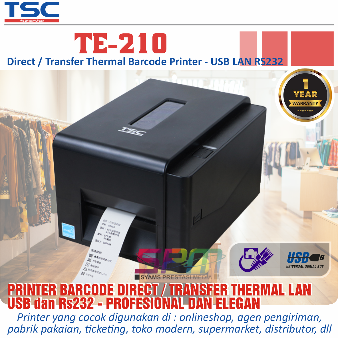 Jual Printer Barcode Label Sticker TSC TE210 TE-210 LAN USB