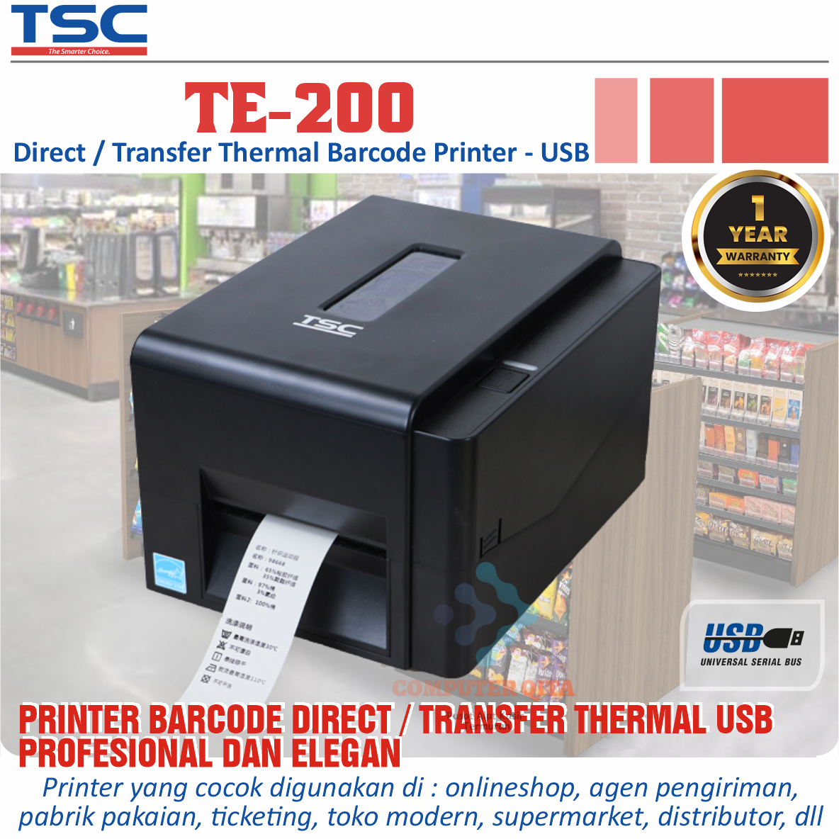 Jual Printer Barcode Label Sticker TSC TE200 TE-200 USB Thermal