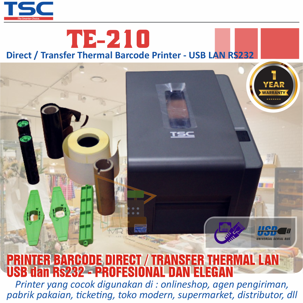 Jual Printer Barcode Label Sticker TSC TE210 TE-210 LAN USB