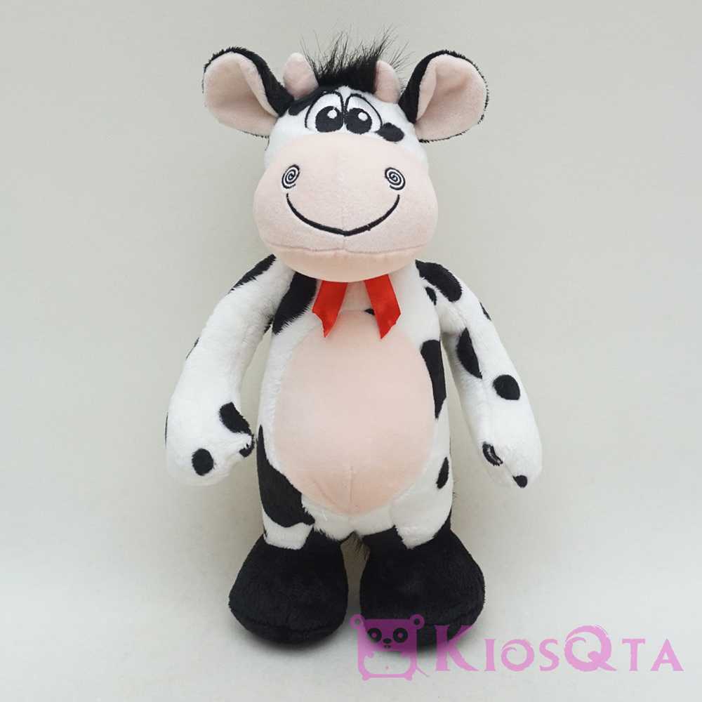 Jual boneka sapi totol hitam putih berdiri pita merah standing