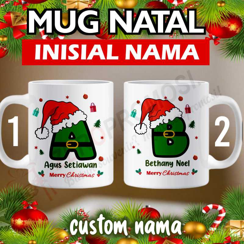 Jual MUG NATAL INISIAL NAMA TOPI SANTA / MUG INISIAL NAMA