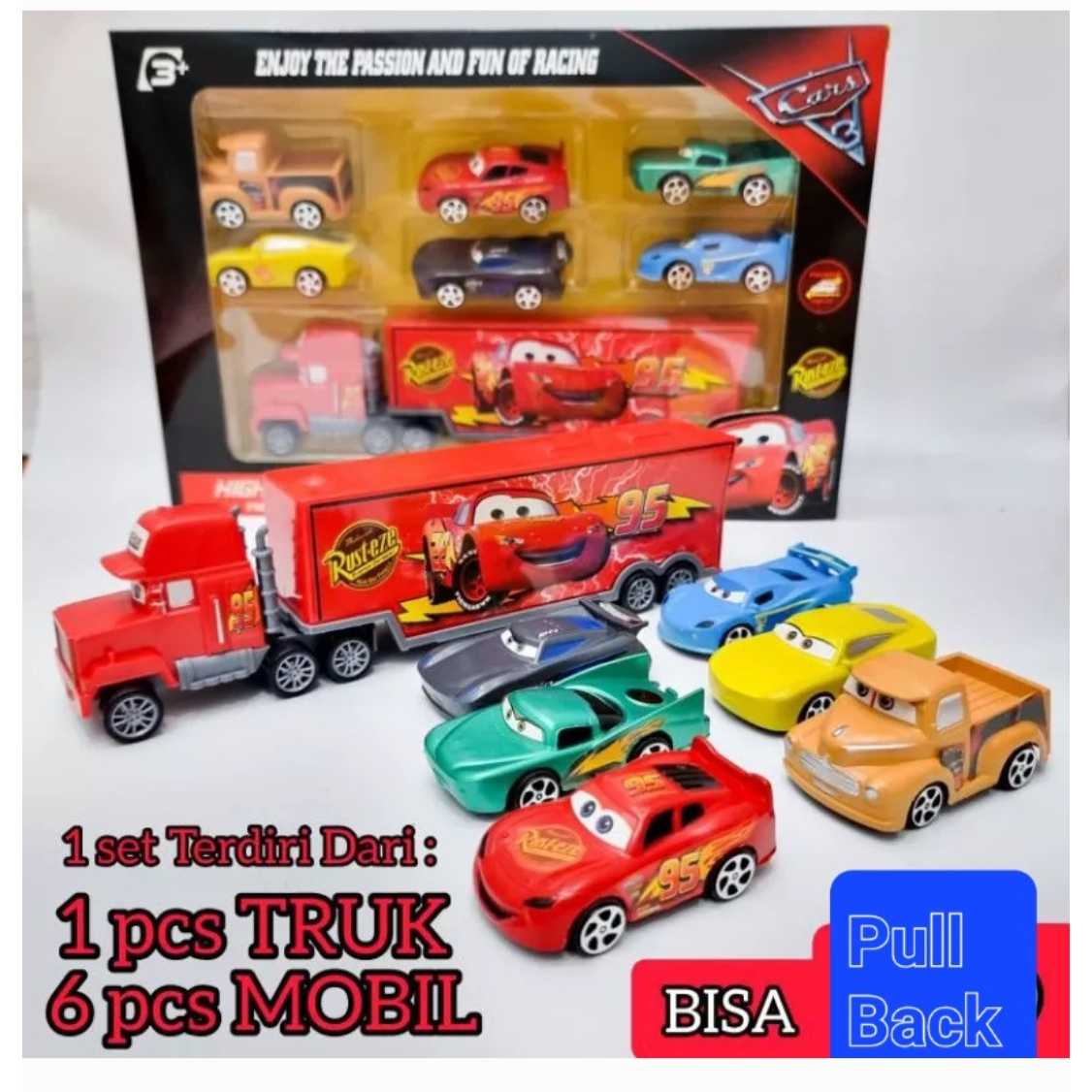 Jual MAINAN TRUK CONTAINER PANJANG MOBIL CARS PULL BACK ISI 7PCS