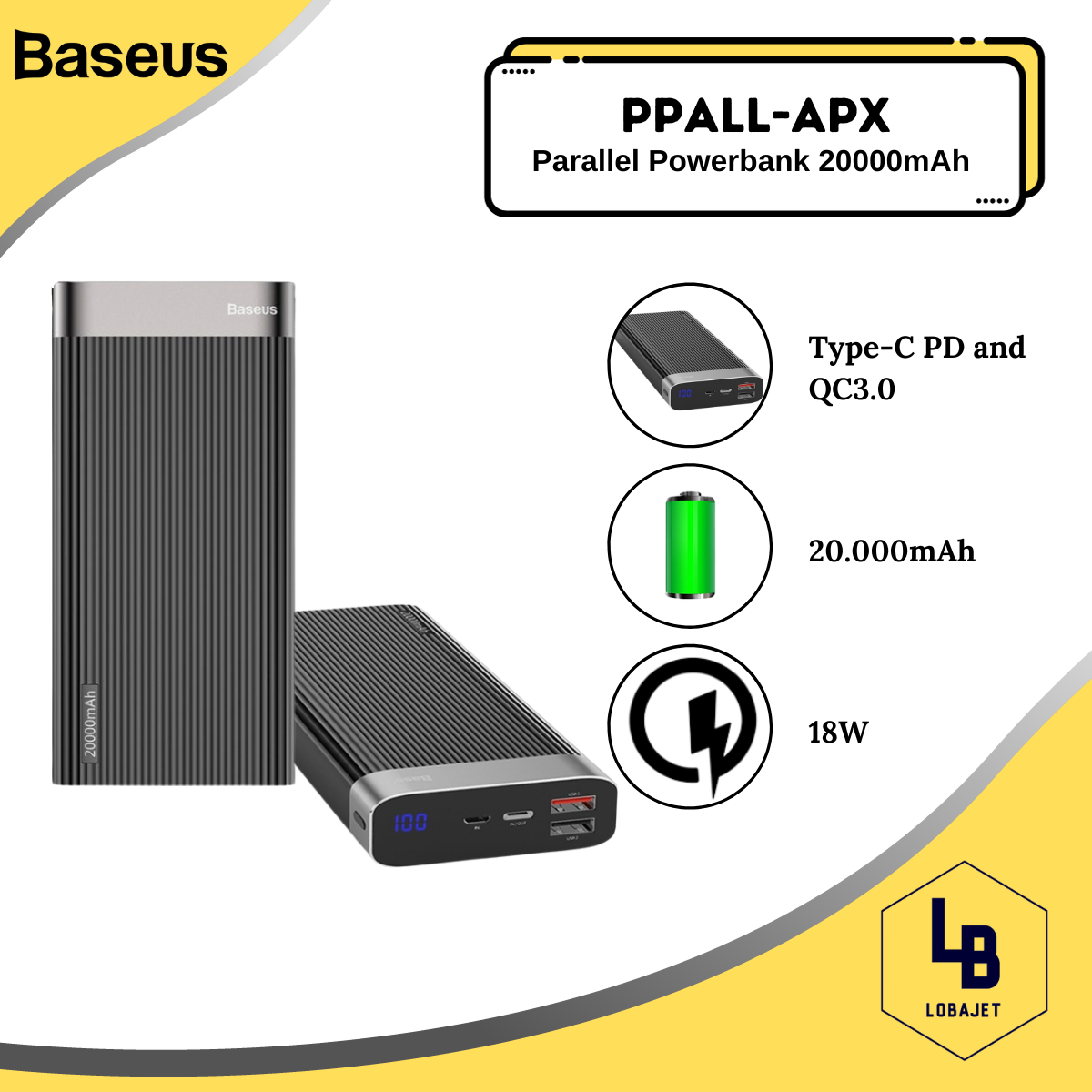Jual BASEUS PPALL-APX - Parallel Powerbank 20000mAh Type-C PD
