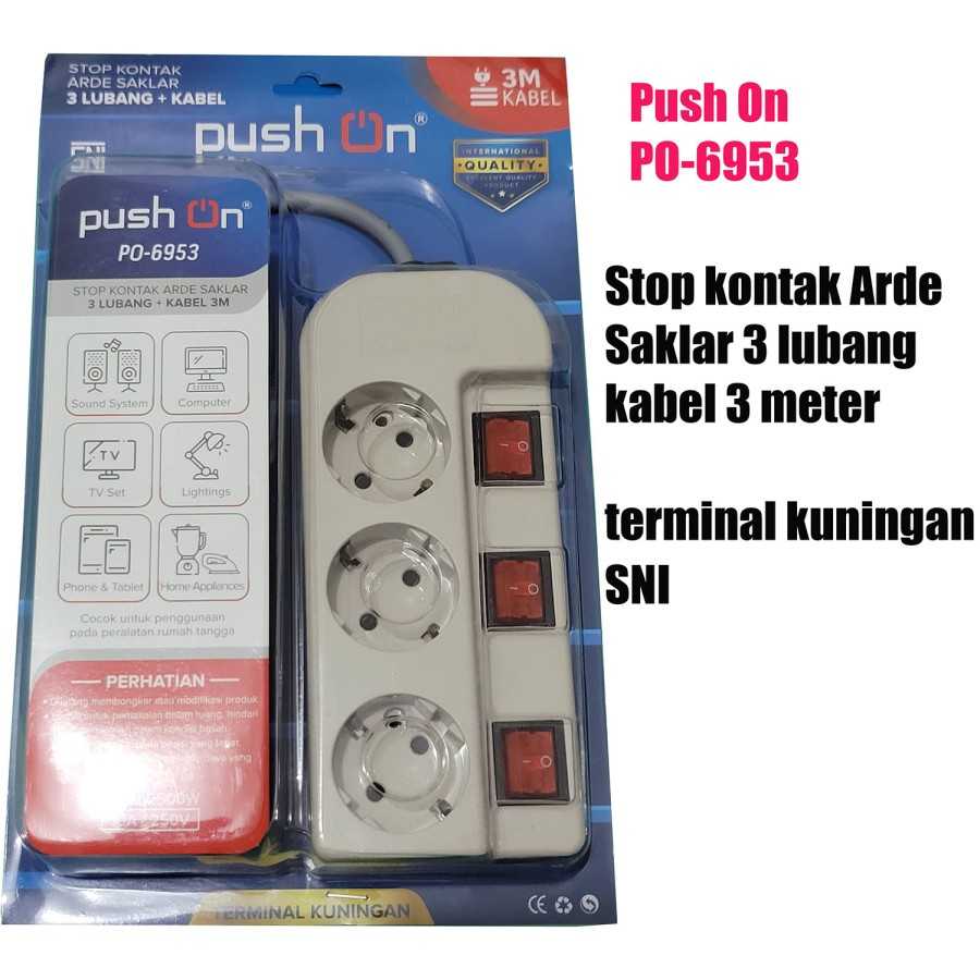 Jual Push On PO-6953 Stop Kontak Arde Saklar 3 Lubang Kabel 3M