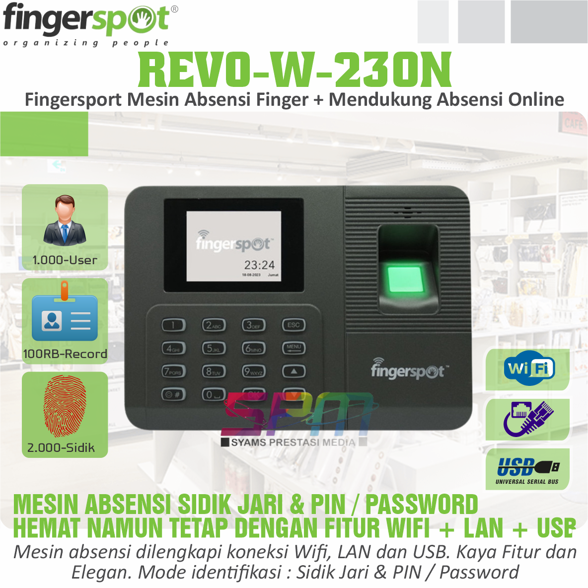 Jual Mesin Absensi Fingerprint Fingerspot Revo W-230N W230N Wifi