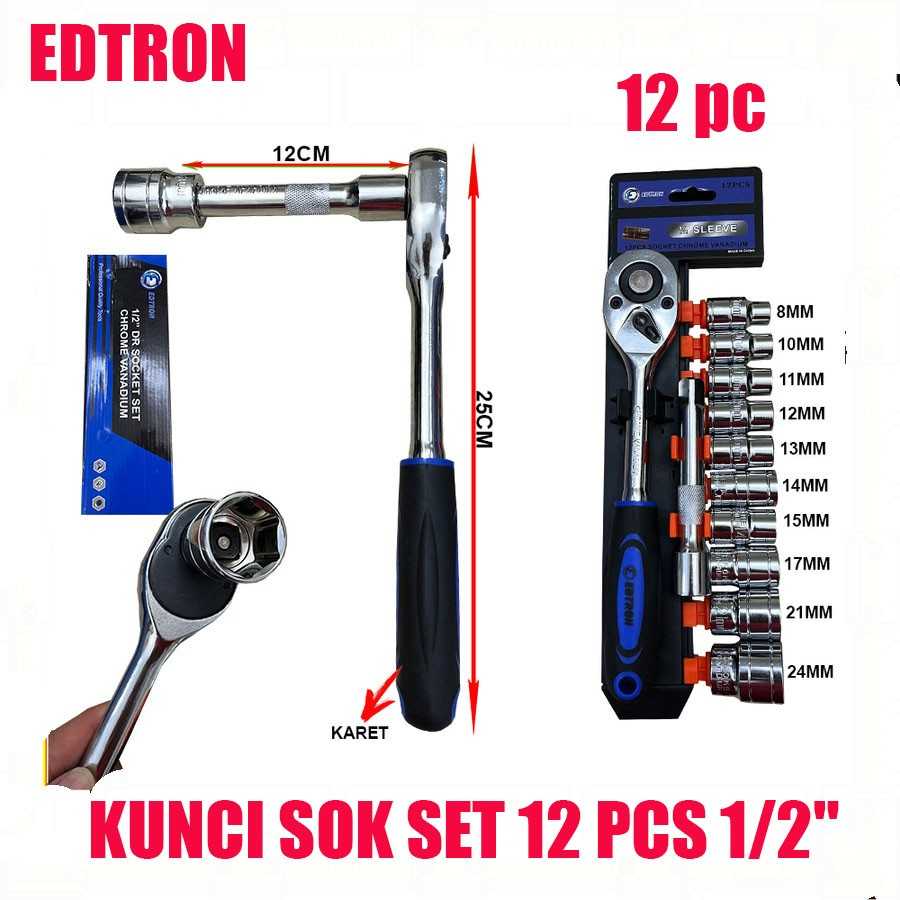 Jual KUNCI SOK SET 12 PCS 1/2" EDTRON KUNCI SHOCK RATCHET BESAR