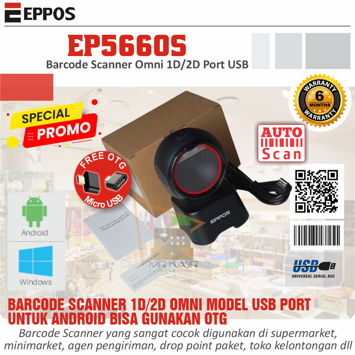 Jual FREE OTG Omni Barcode Scanner EPPOS EP5660S 1D-2D USB Meriah