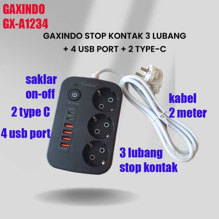 Jual Stop Kontak 3 Lubang charger HP 4 USB Port 2 Type-C Kabel