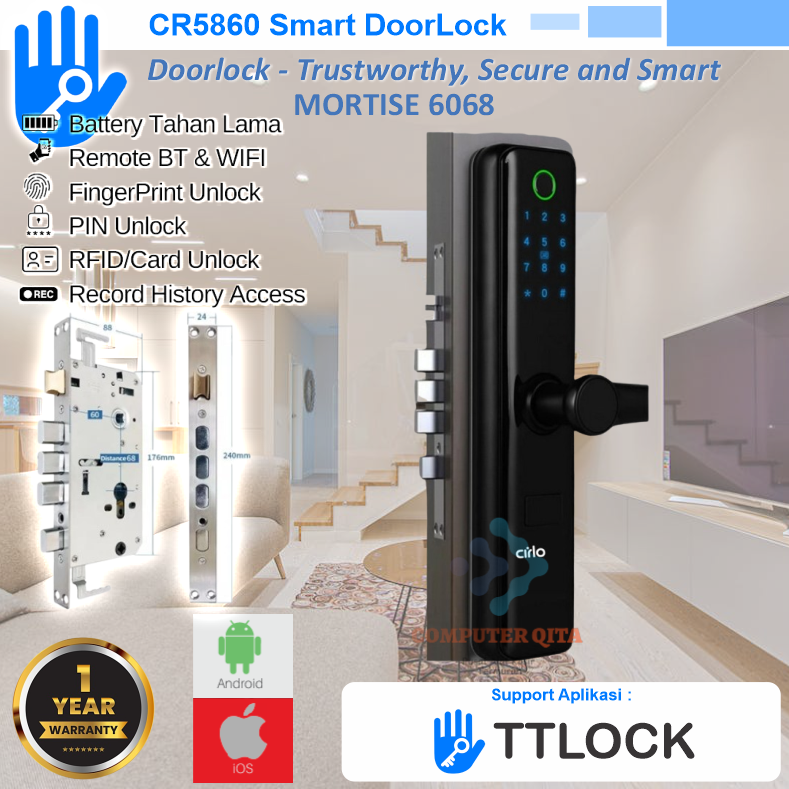 Jual TTLOCK CR5860 5860 Mortise 6068 Smart Doorlock Bluetooth