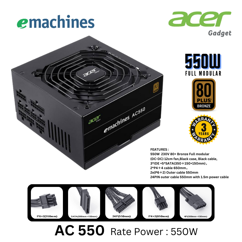 Jual Power Supply PSU Gaming 550W 80+ Bronze eMachines Acer Full