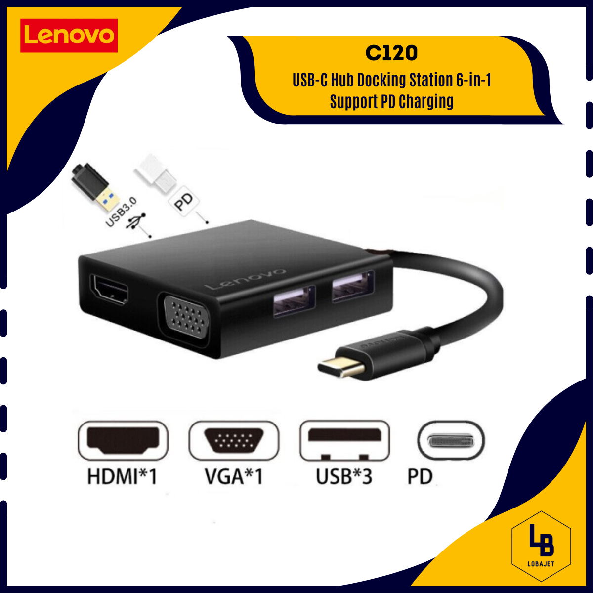 Jual LENOVO C120 - USB-C Hub 6-in-1 Docking Station - Support PD