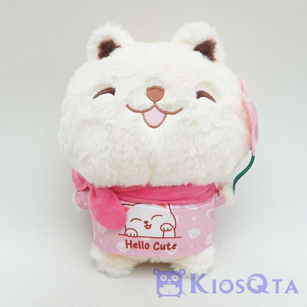 Jual boneka kucing cute cat putih krem baju syal pink bawa bunga