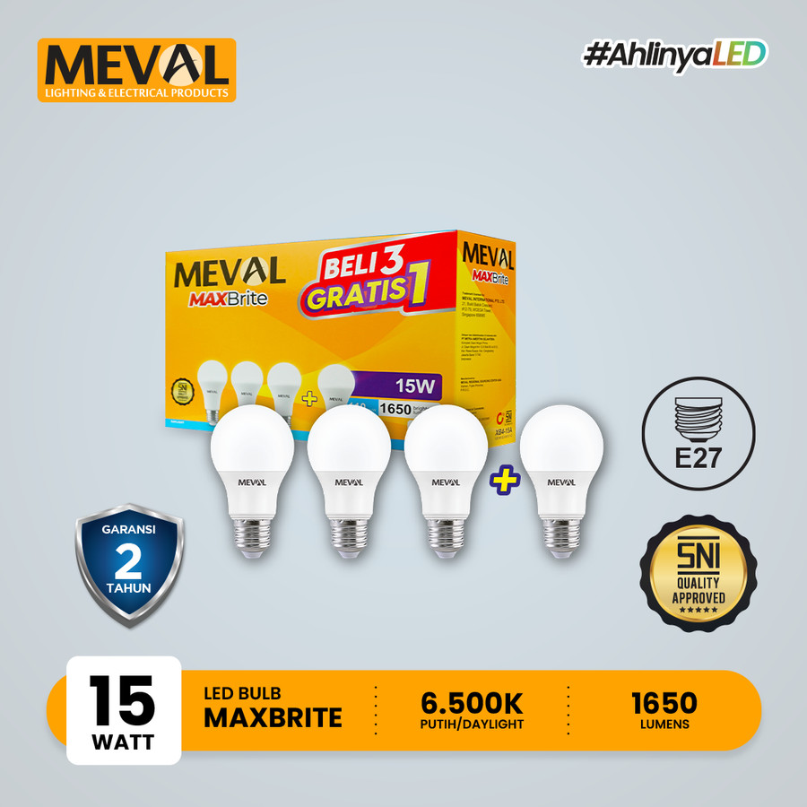 Jual MEVAL Lampu LED Bulb Maxbrite 15W Paket isi 4 - Putih