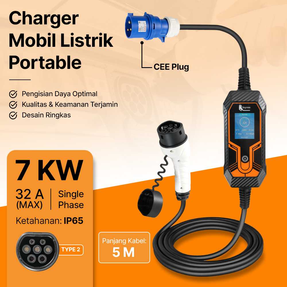Jual Feyree Charger Mobil Listrik EV 1-Phase 32A 7KW CEE to Type