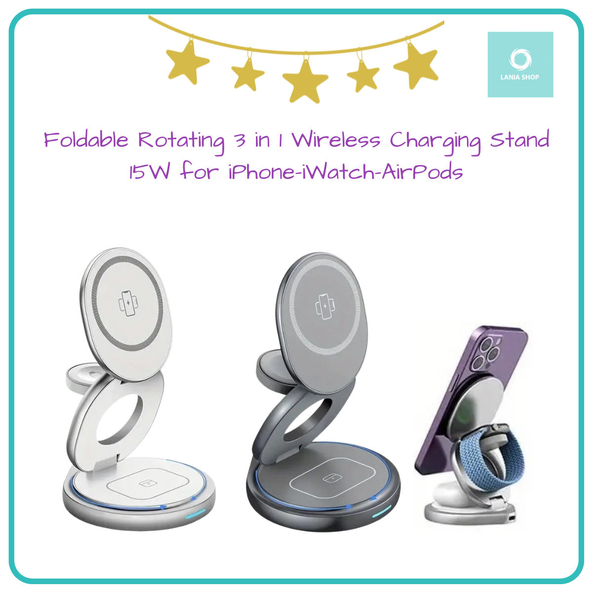Jual Foldable Rotating 3 in 1 Wireless Charging Stand 15W for