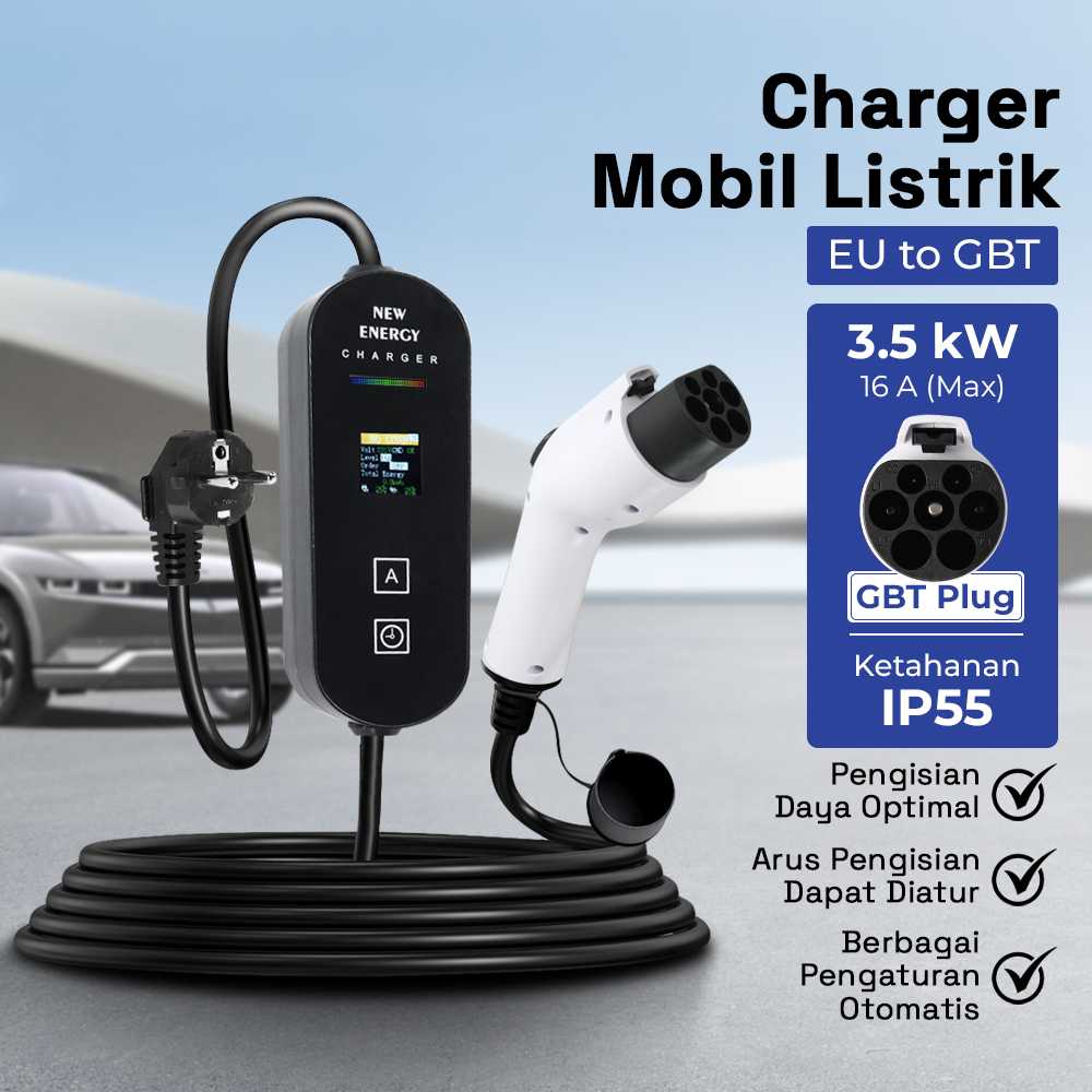 Jual NEWENERGY Charger Mobil Listrik Portable EV LCD 16A 3.5kW