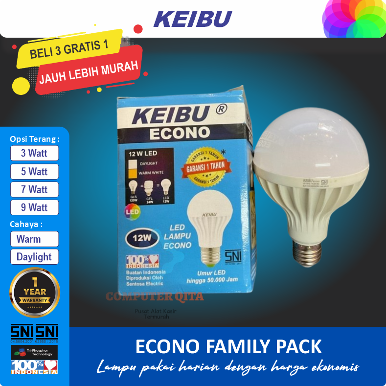 Jual Lampu Keibu Econo LED Daylight Warm Family Pack 3 Gratis 1