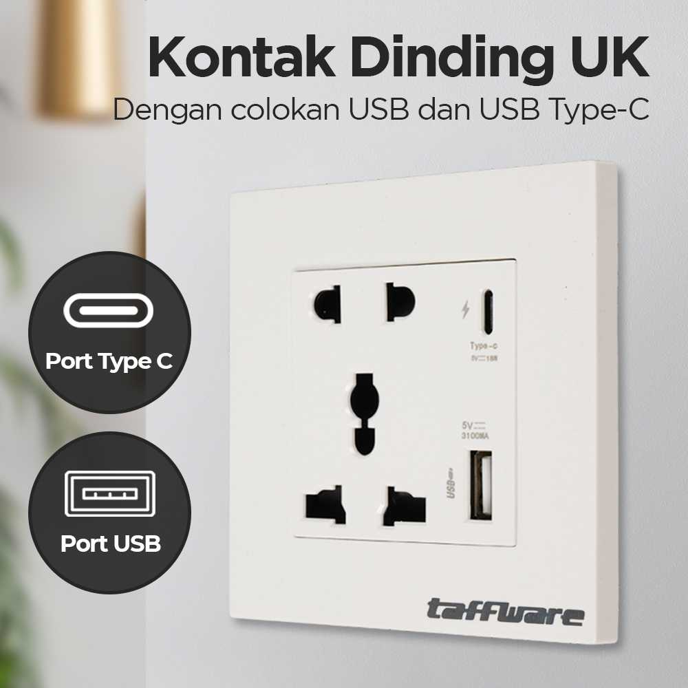 Jual Taffware Stop Kontak Dinding UK 2 Port USB Type C Socket