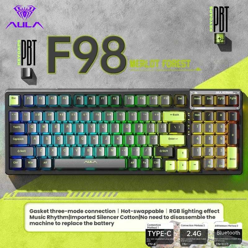 Jual Keyboard Gaming AULA F98 PBT Keycaps with 3 mode connection