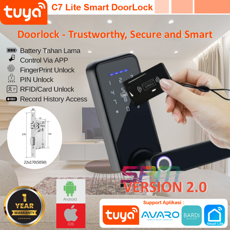 Jual TUYA C7 Lite Mortise 5050 Smart Doorlock Kunci Pintu Canggih