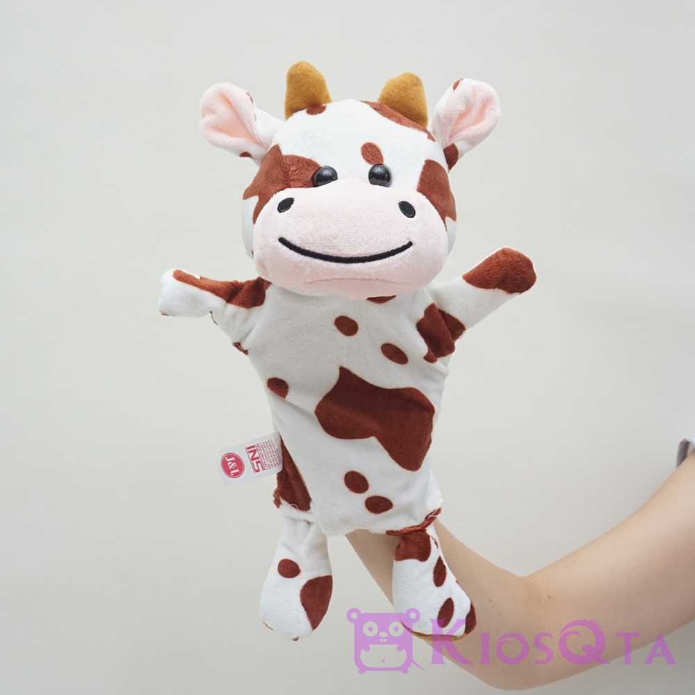 Jual boneka tangan hand puppet sapi putih totol coklat kaki
