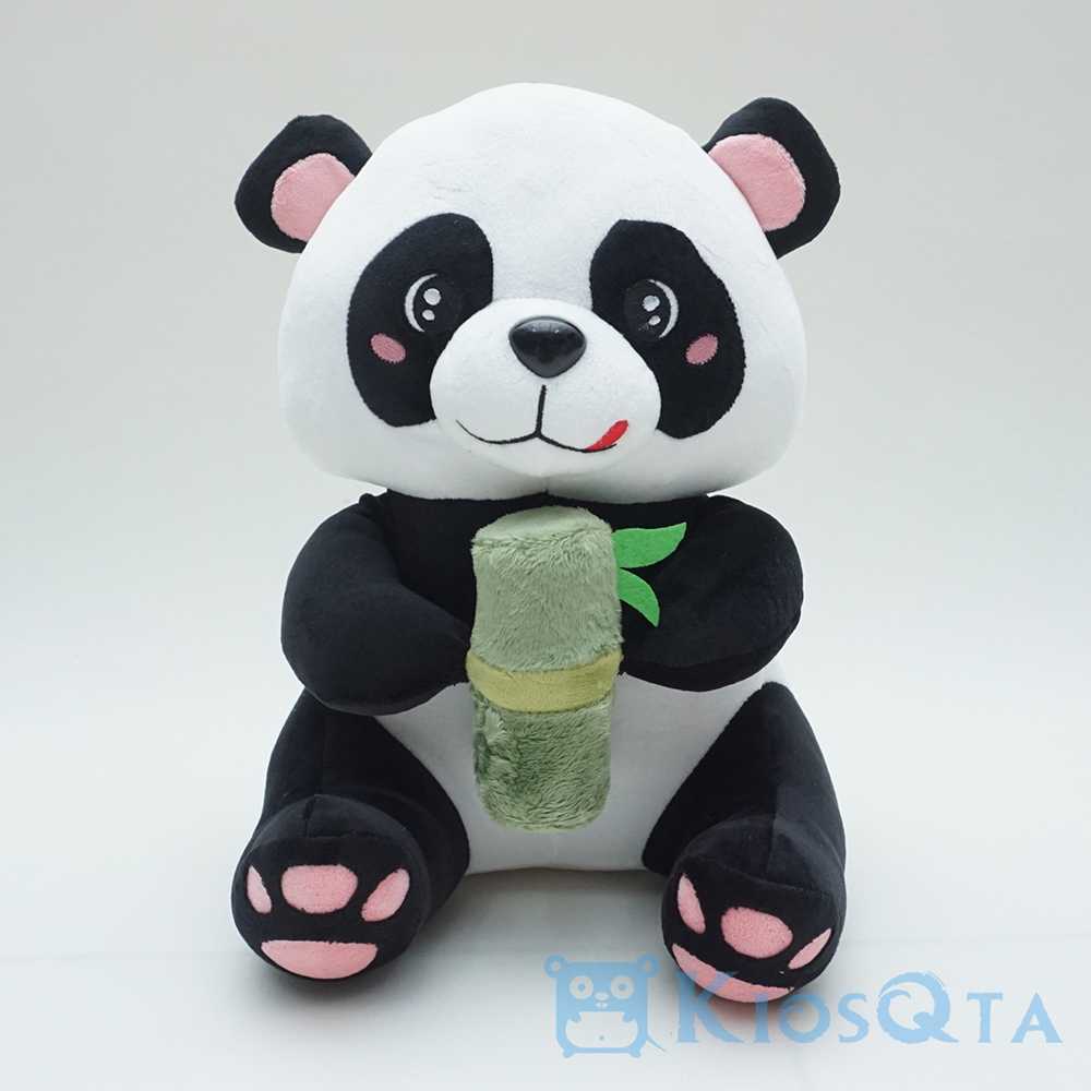 Jual boneka panda cute hitam putih duduk bawa bambu medium