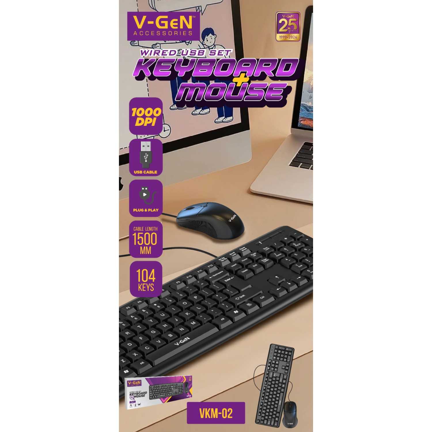 Jual Wired USB Keyboard+Mouse V-GeN VKM-02 Silent Keyboard 1,5 M