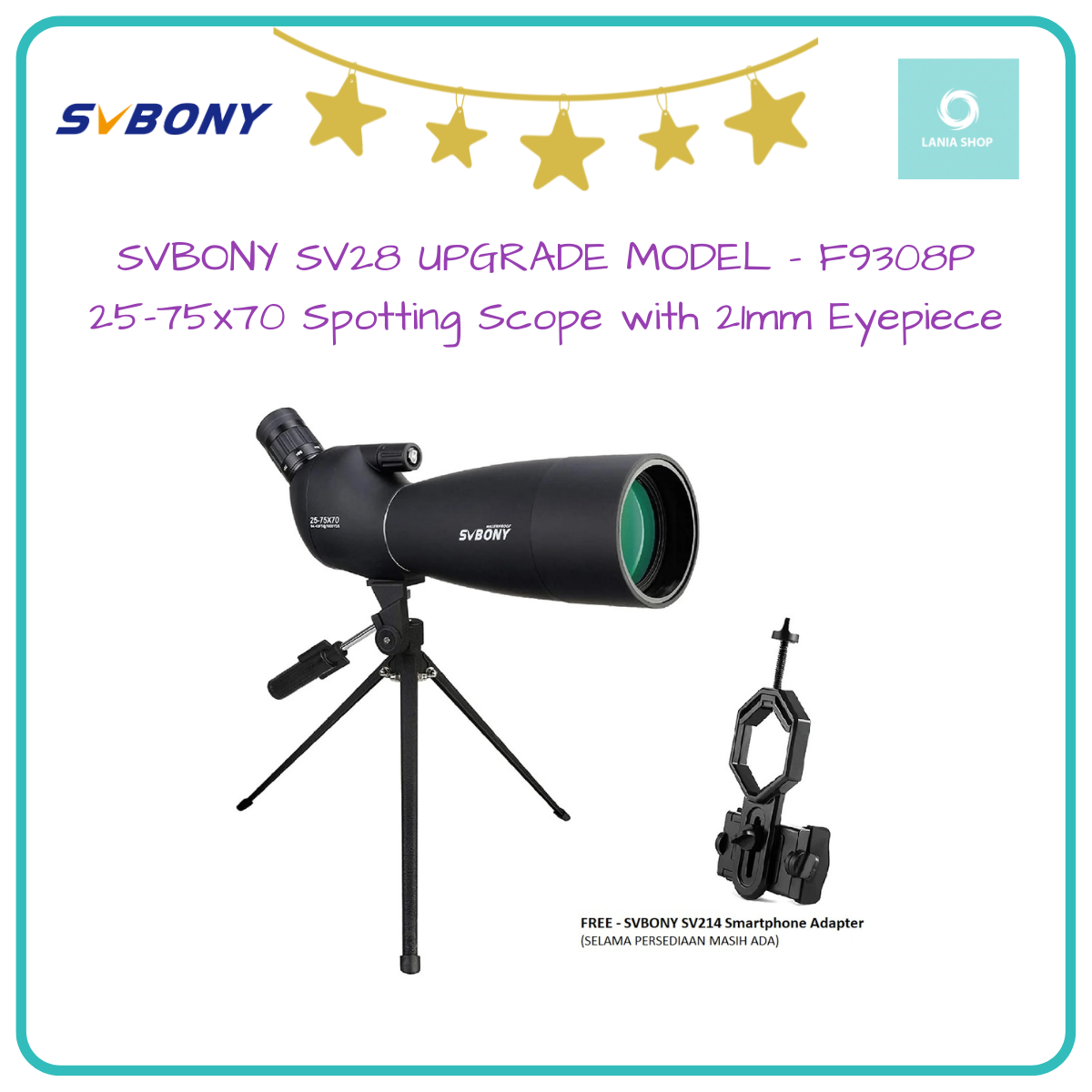 Jual SVBONY SV28 UPGRADE MODEL - F9308P - 25-75x70 Spotting
