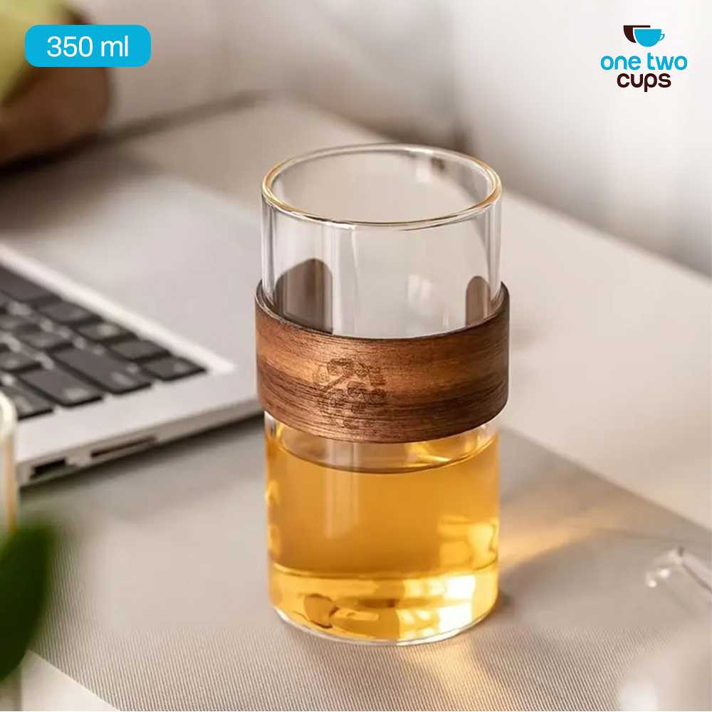 Jual One Two Cups Gelas Kaca Aesthetic Kopi Teh Wood Sleeve