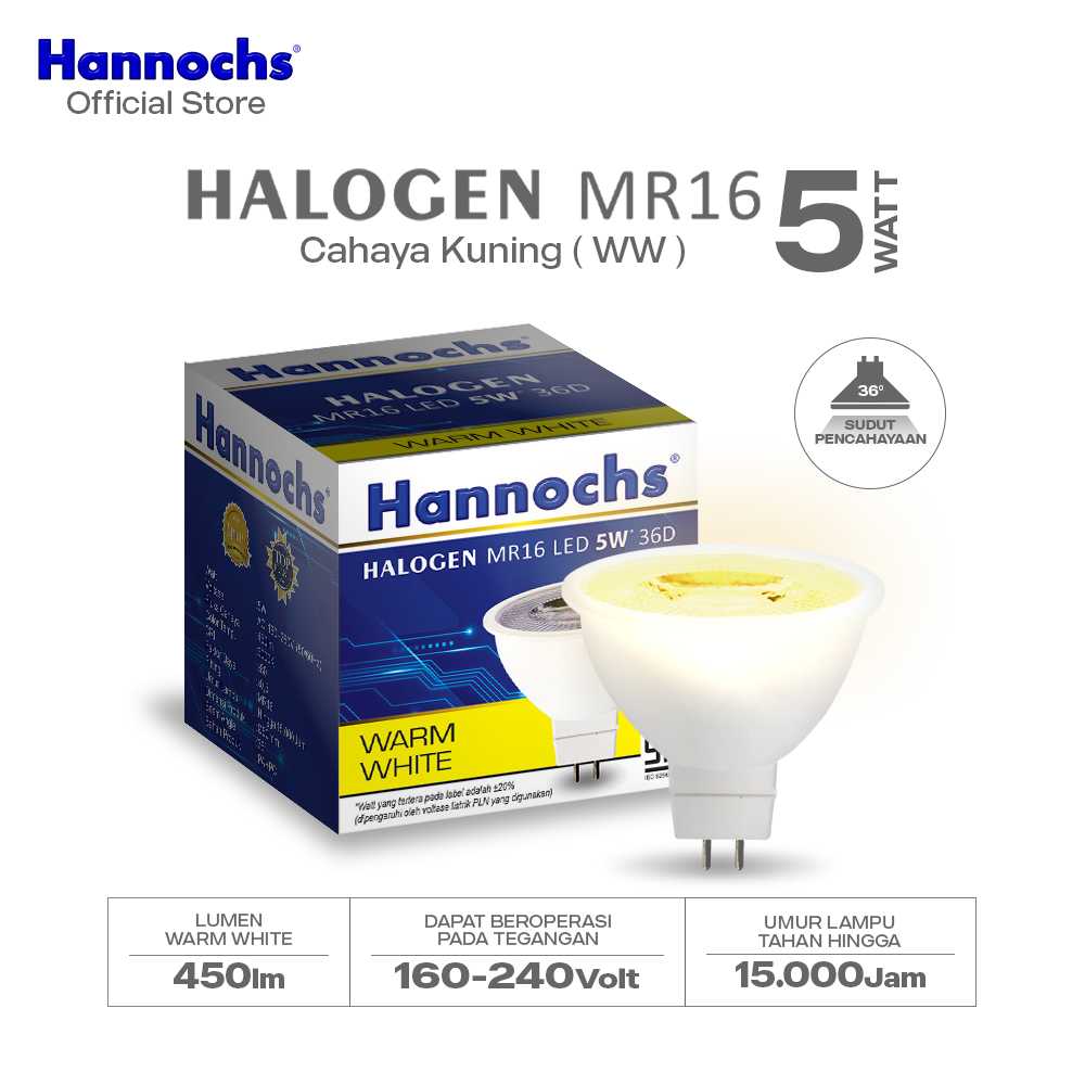 Jual Hannochs LED Spotlight Halogen MR16 LED 5W 36D Cahaya Kuning