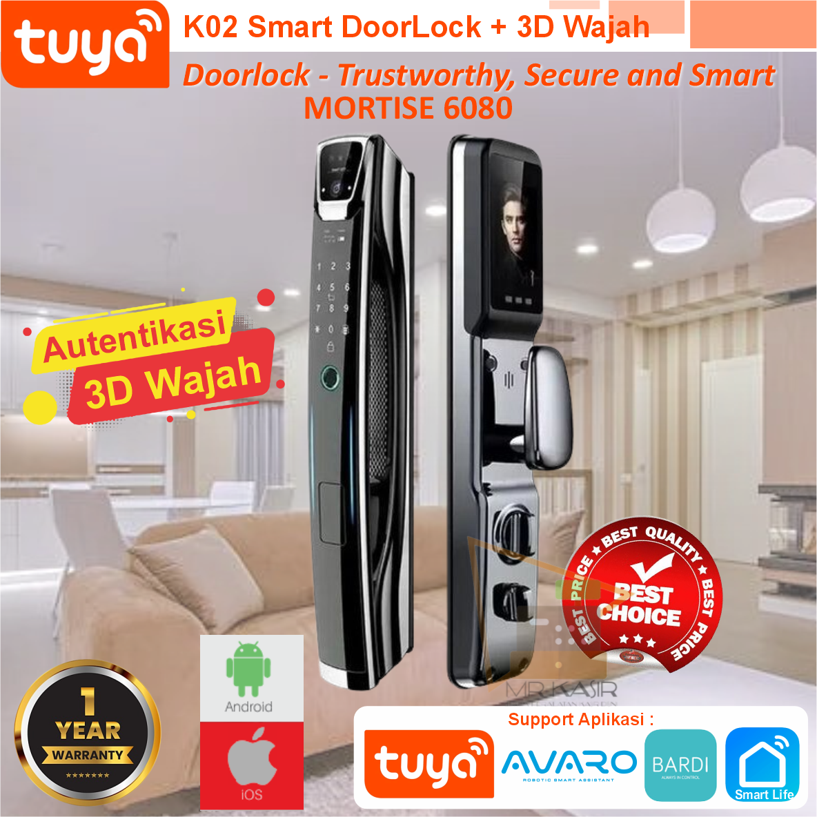 Jual TUYA K02 K-02 Mortise 6080 3D Wajah Smart Doorlock Kunci
