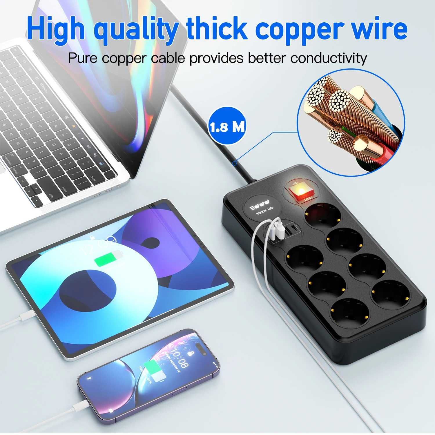 Jual ROVU Stop Kontak 7 Lubang USB Type C EU Plug 10A 250V 2500W