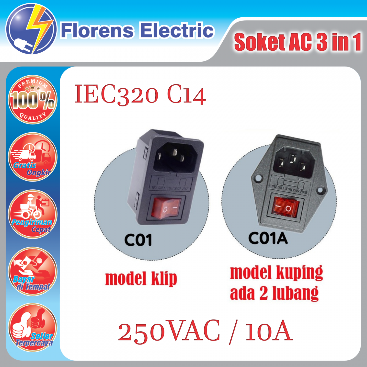 Jual Soket AC 3 in 1 with Saklar on-off Lampu Fuse Holder Power