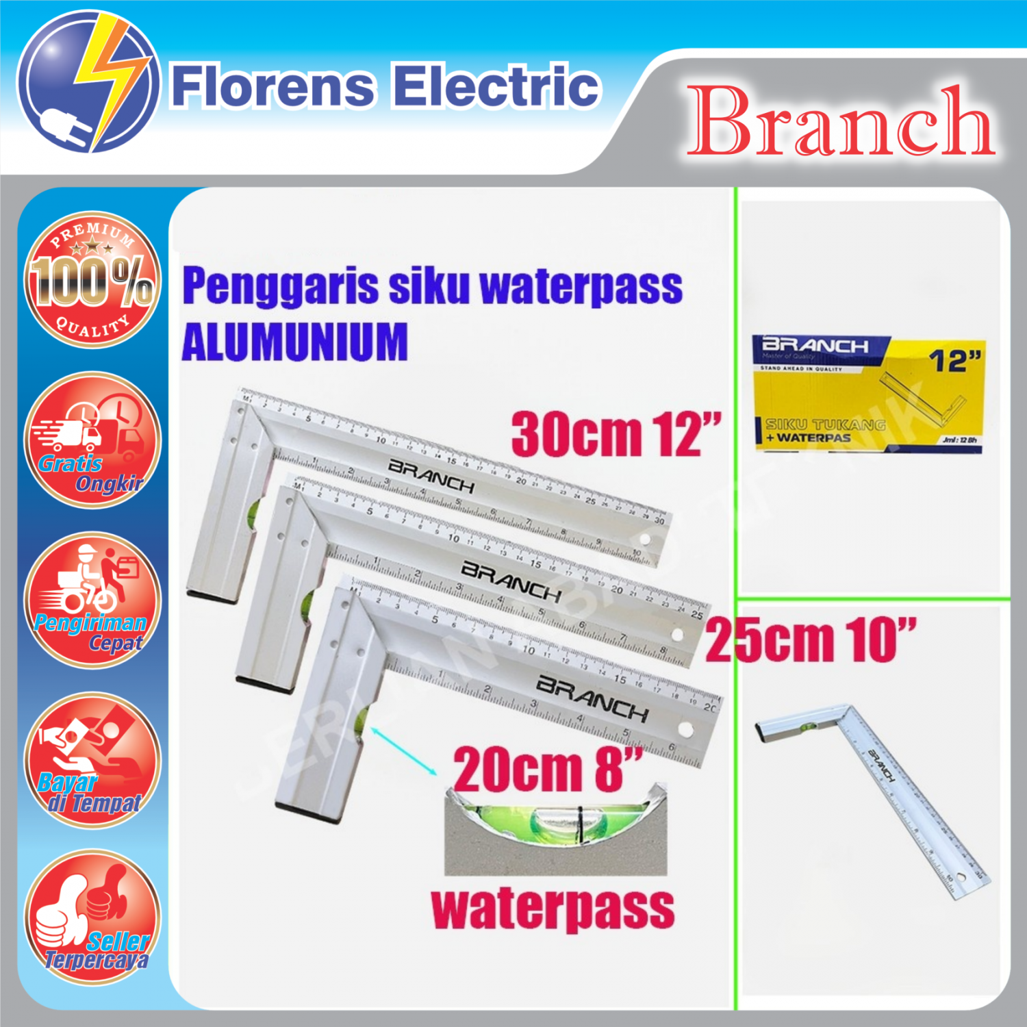 Jual penggaris siku alumunium WATERPAS BRANCH 8" 10" 12" meter