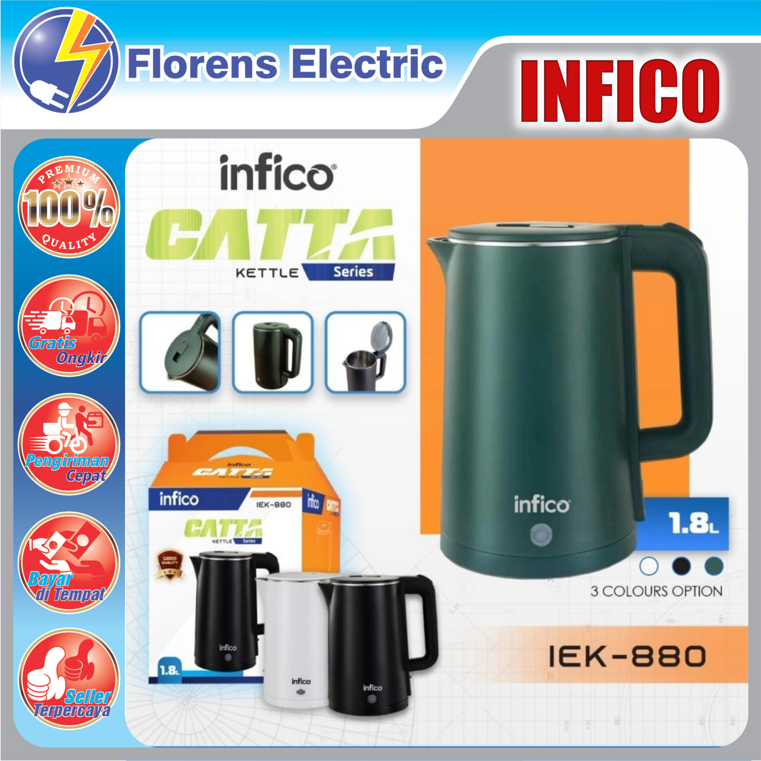 Jual INFICO 1.8 liter putih hijau hitam Elektric Kettle Pemanas