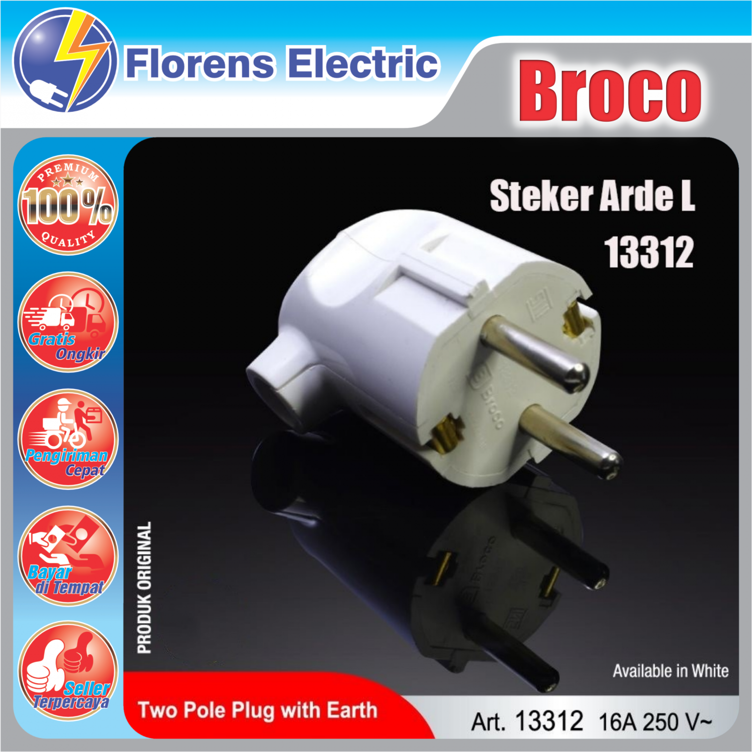 Jual Broco Steker Arde L 13312 Bulat Putih bengkok Plug Colokan