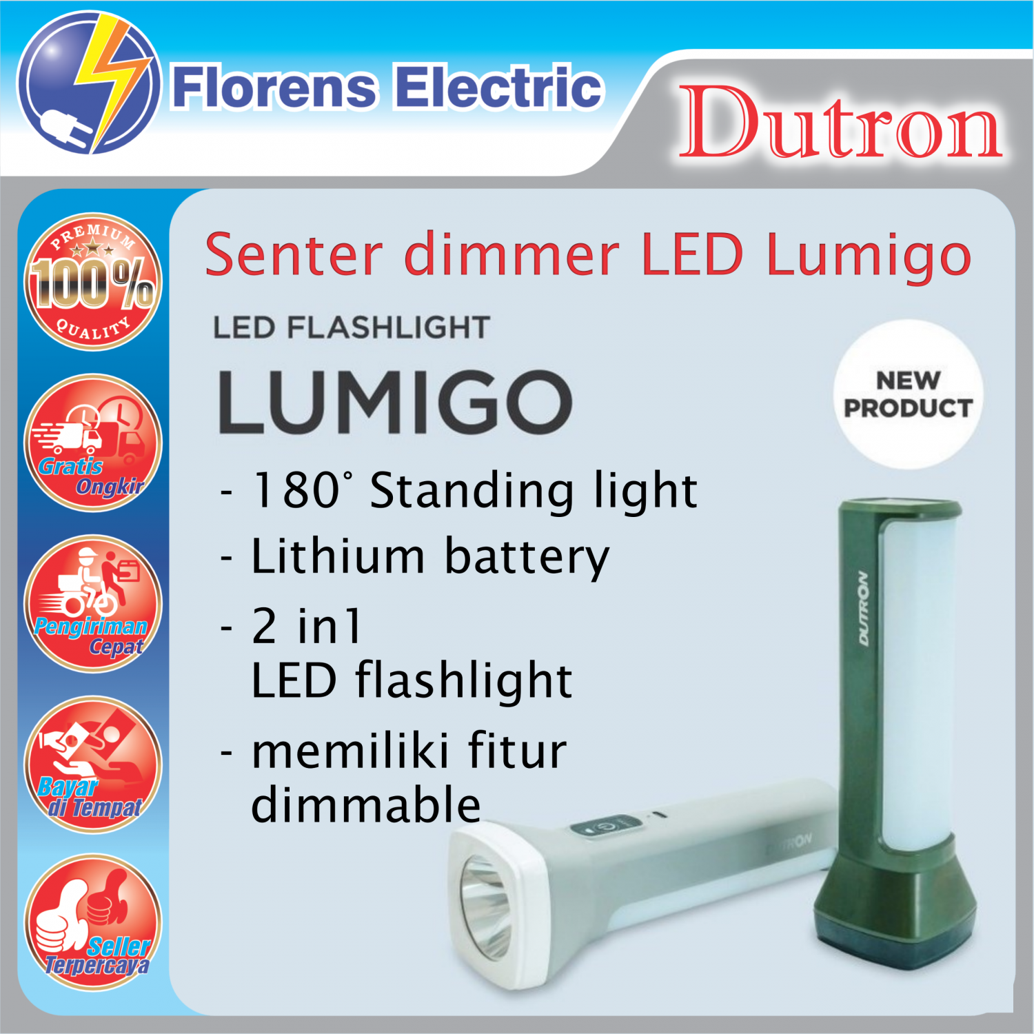 Jual Dutron Senter dimmer LED Lumigo Dual Mode 5 Watt + 2 Watt