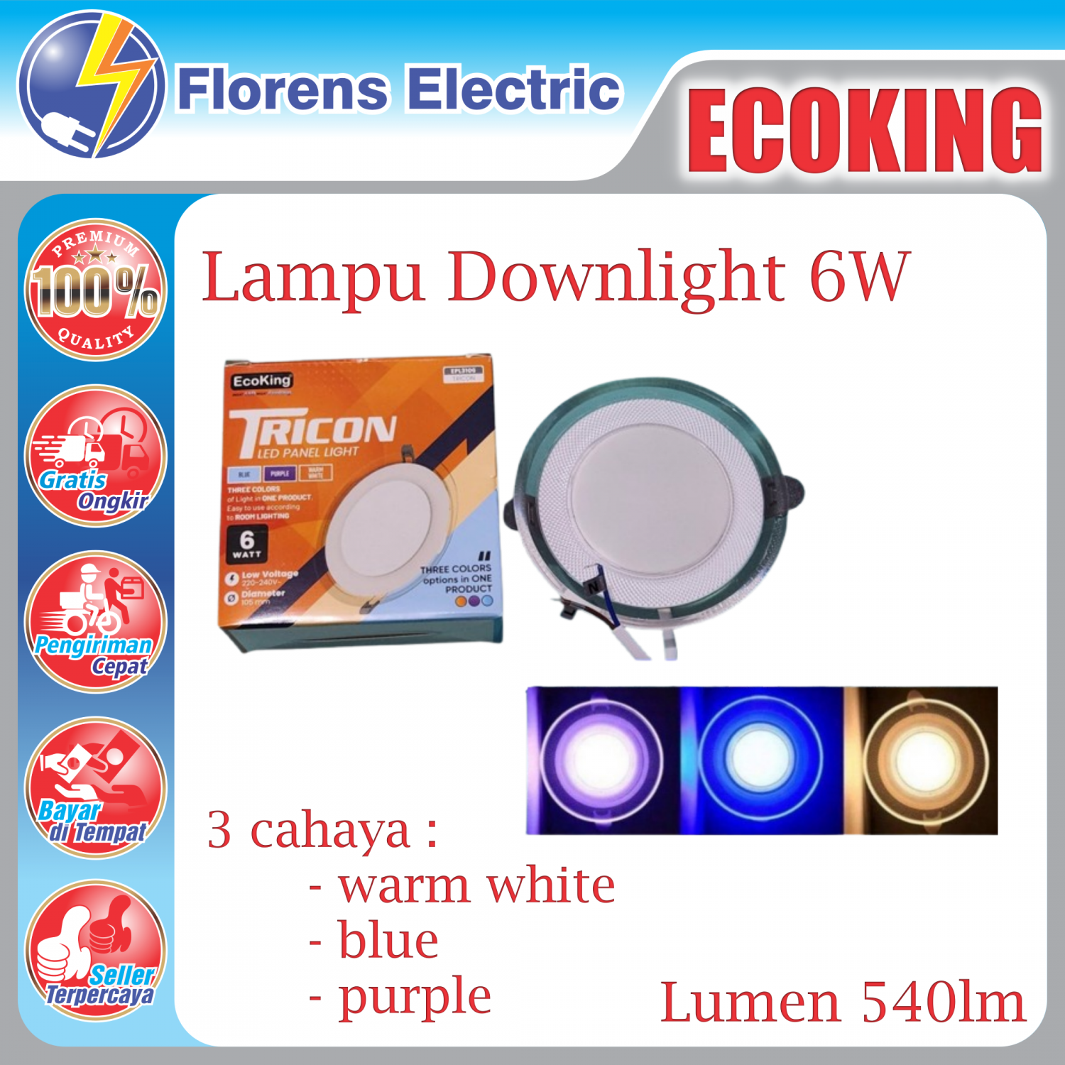 Jual LAMPU DOWNLIGHT 6w LED 3 WARNA WW BLUE PURPLE ceiling